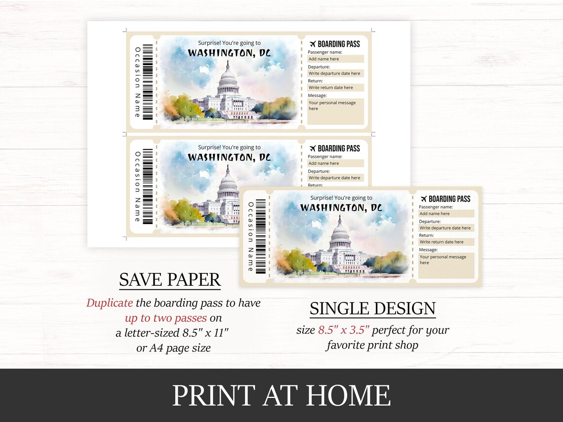 Surprise Washington DC USA Trip Reveal Gift Ticket Template, Editable ...