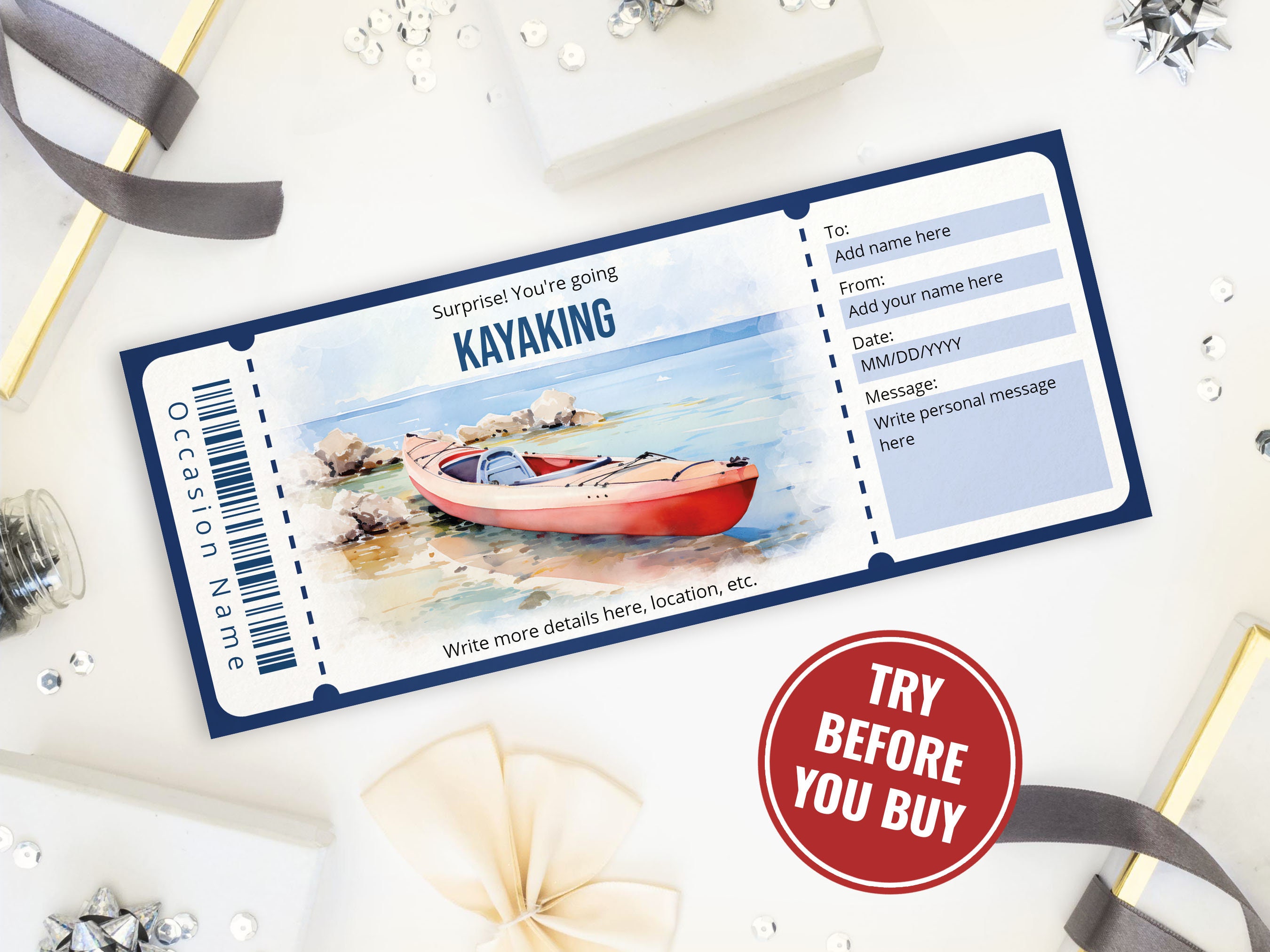 Kayaking Ticket Voucher Template for Water Sports Lover, Editable ...