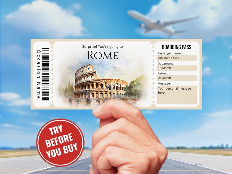 Editable Rome Boarding Pass Template, Surprise Rome Trip Reveal Ticket ...