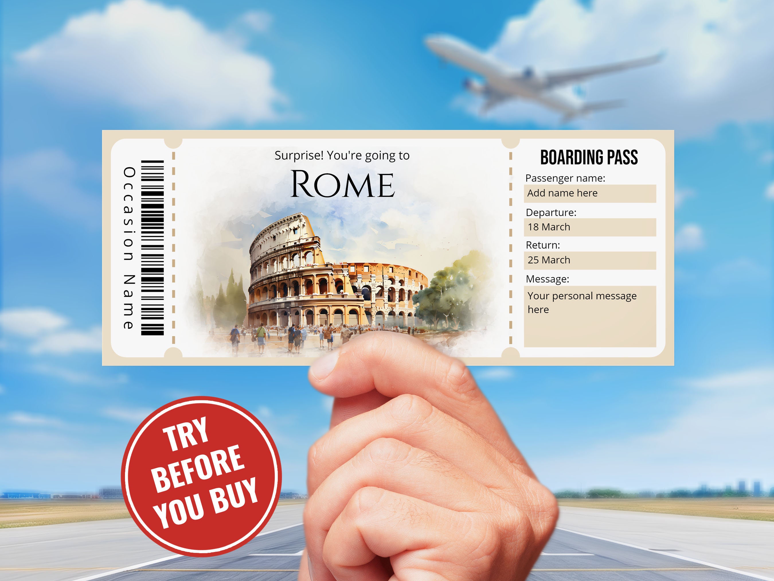 Editable Rome Boarding Pass Template, Surprise Rome Trip Reveal Ticket ...
