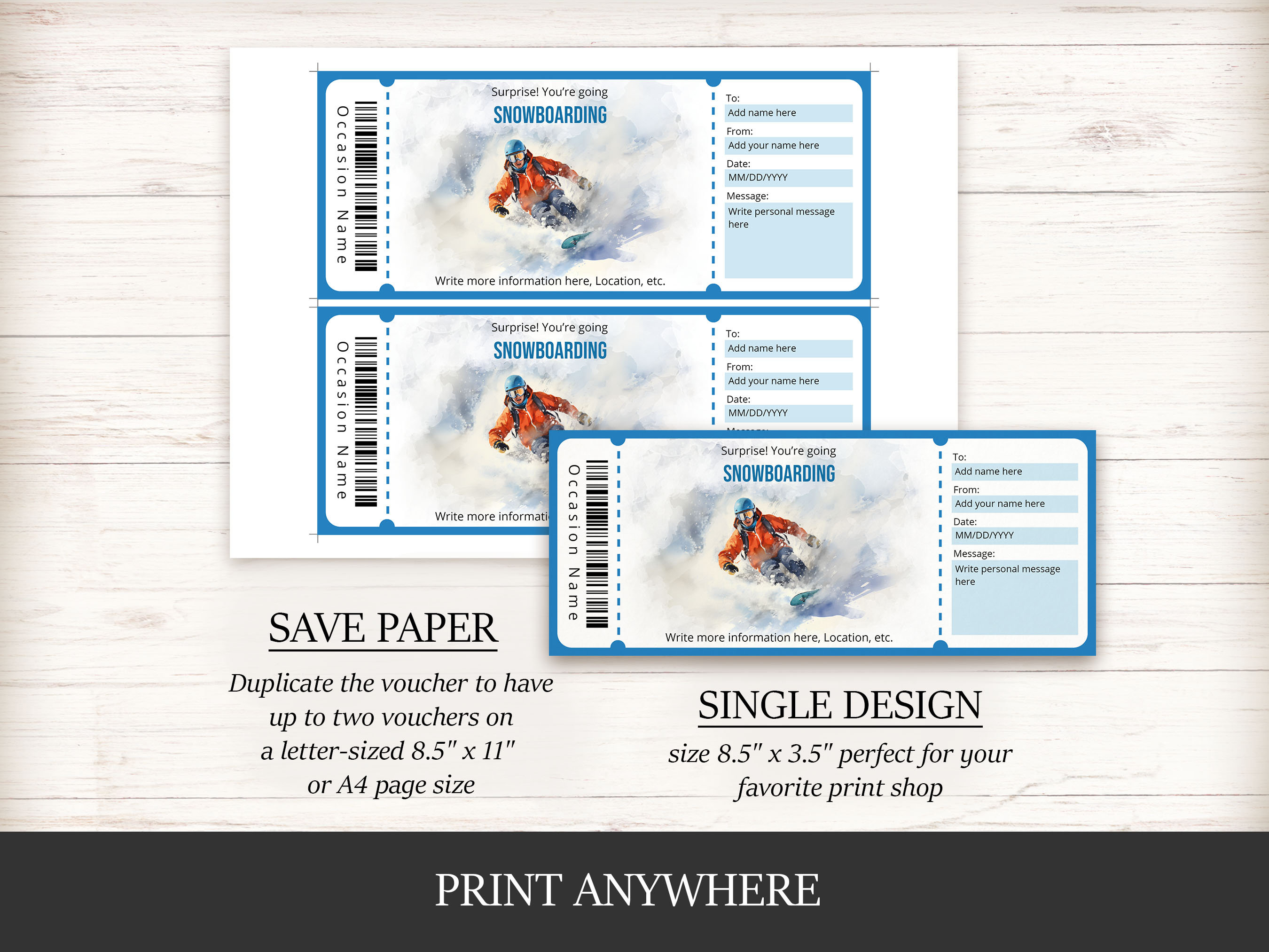 Snowboarding Ticket Voucher Template for Winter Sports Lover, Editable ...