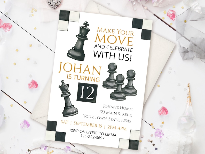 Editable Chess Birthday Invitation Template for Chess Lover, Chess ...