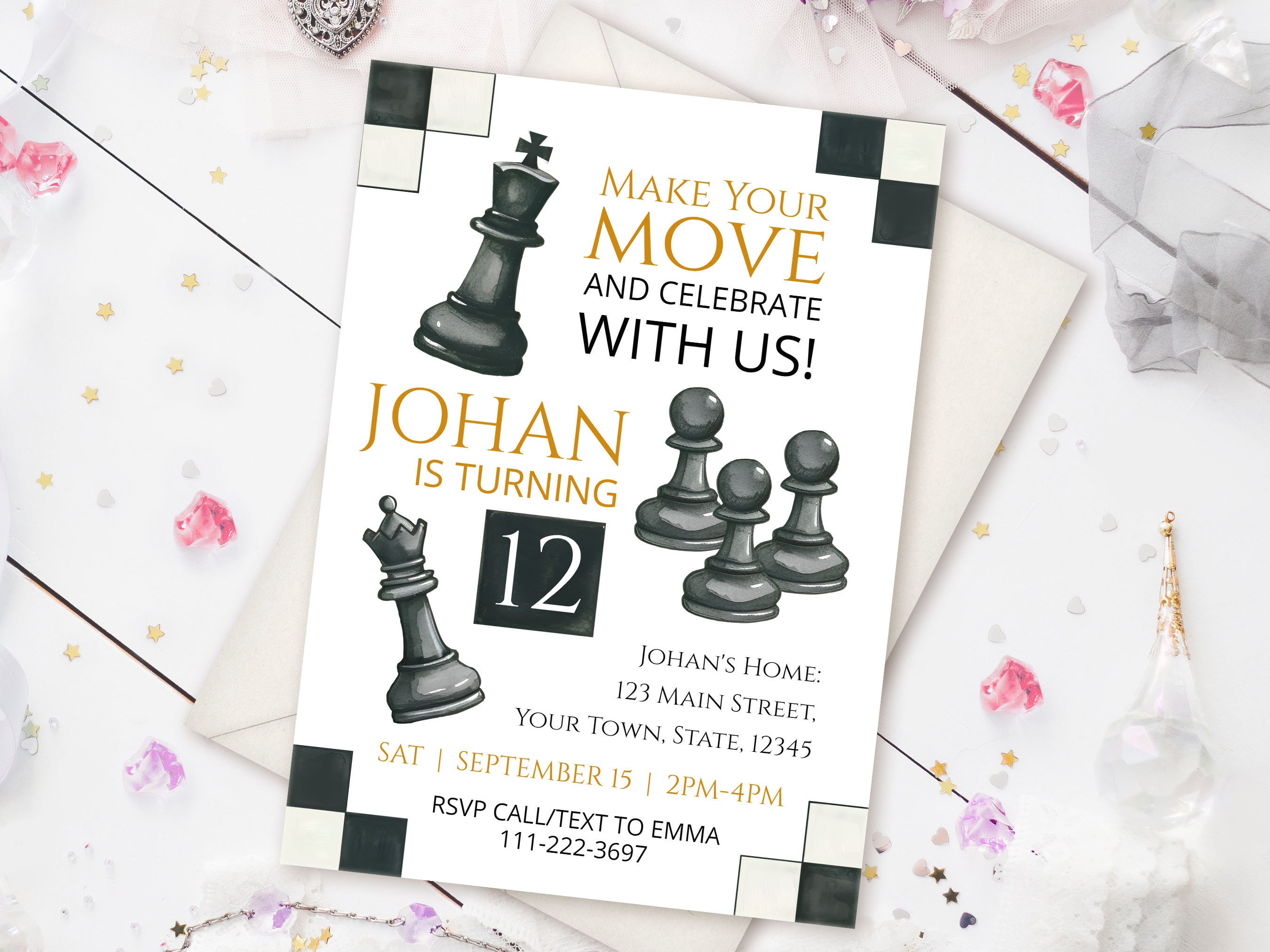 Editable Chess Birthday Invitation Template for Chess Lover, Chess ...