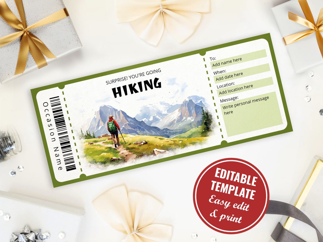 Editable Hiking Gift Ticket Template, Surprise Printable Trail Walking ...