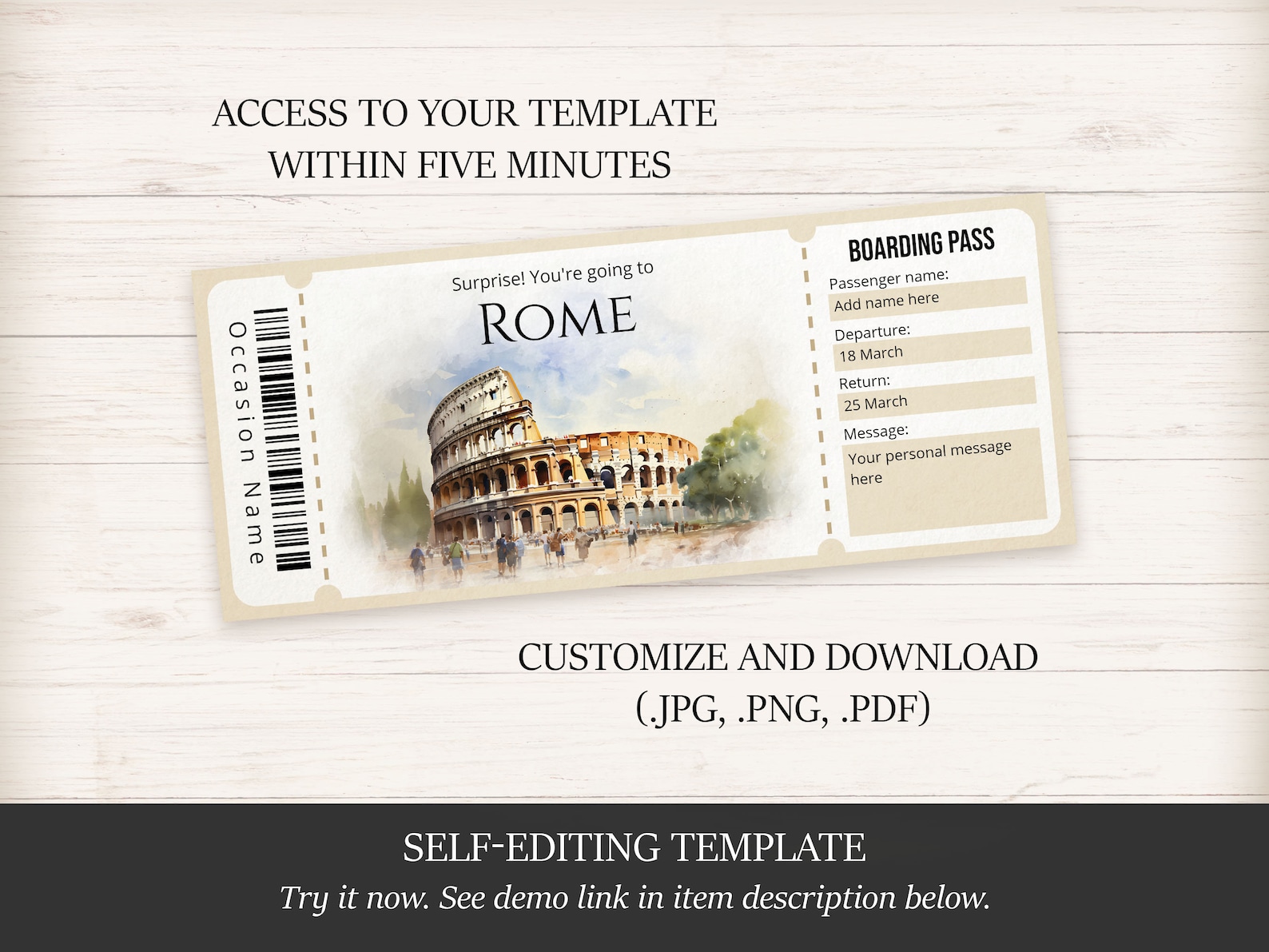 Editable Rome Boarding Pass Template, Surprise Rome Trip Reveal Ticket ...