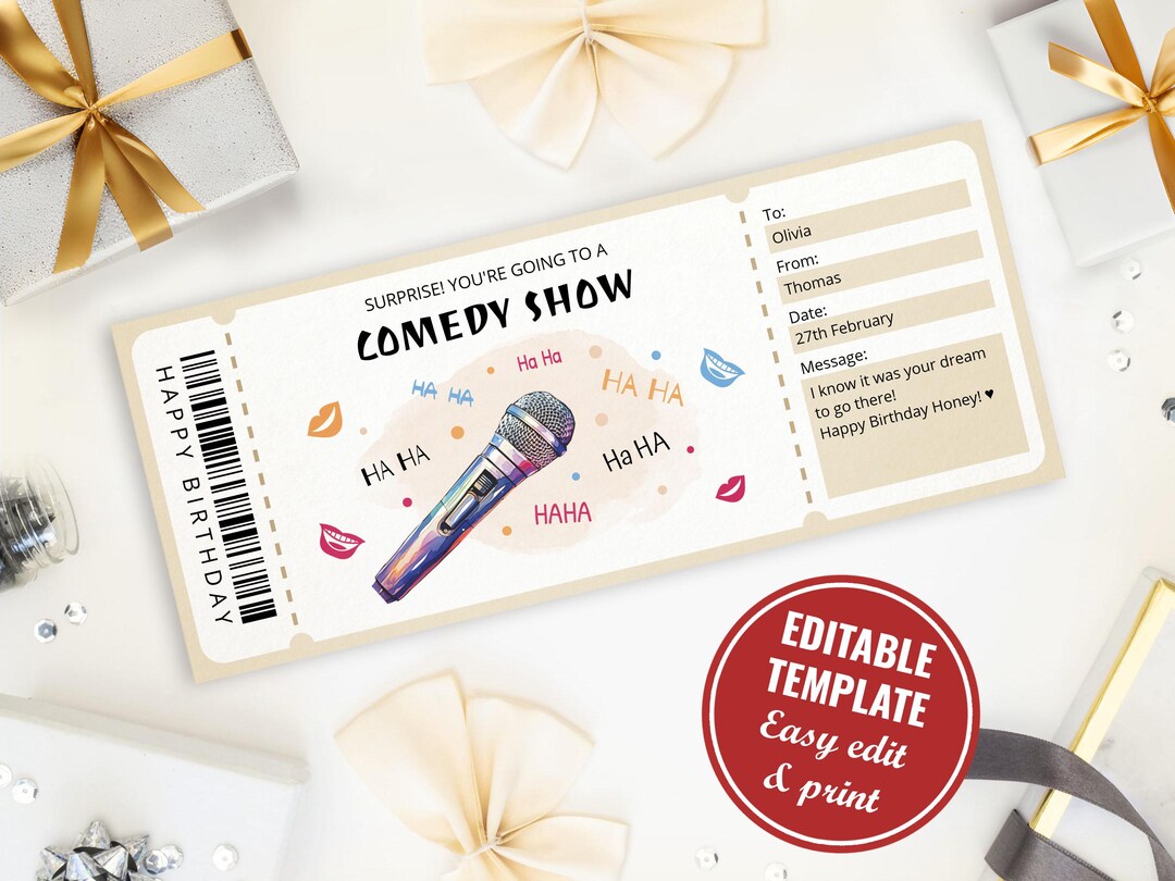 Funny Comedy Show Gift Certificate Template for Comedy Lover, Editable ...