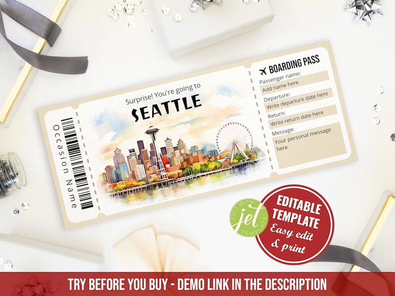 Editable Seattle Boarding Pass Template, Personalized Gift Printable ...
