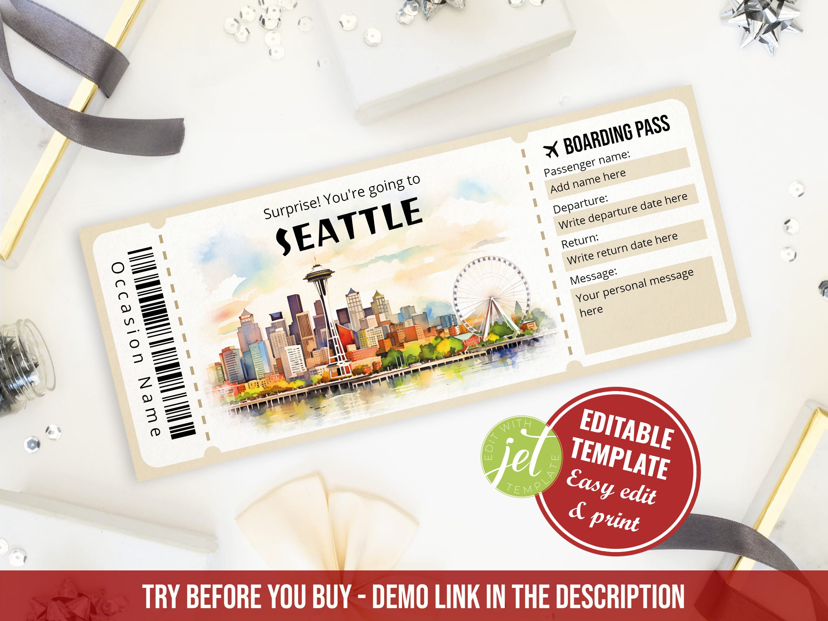 Editable Seattle Boarding Pass Template, Printable SEATTLE Surprise ...