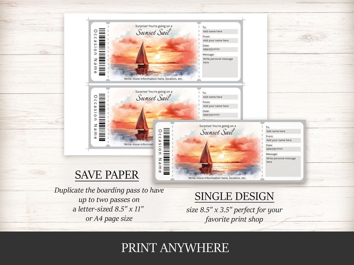 Editable Watercolor Sunset Sailing Ticket Template, Surprise Sailing ...