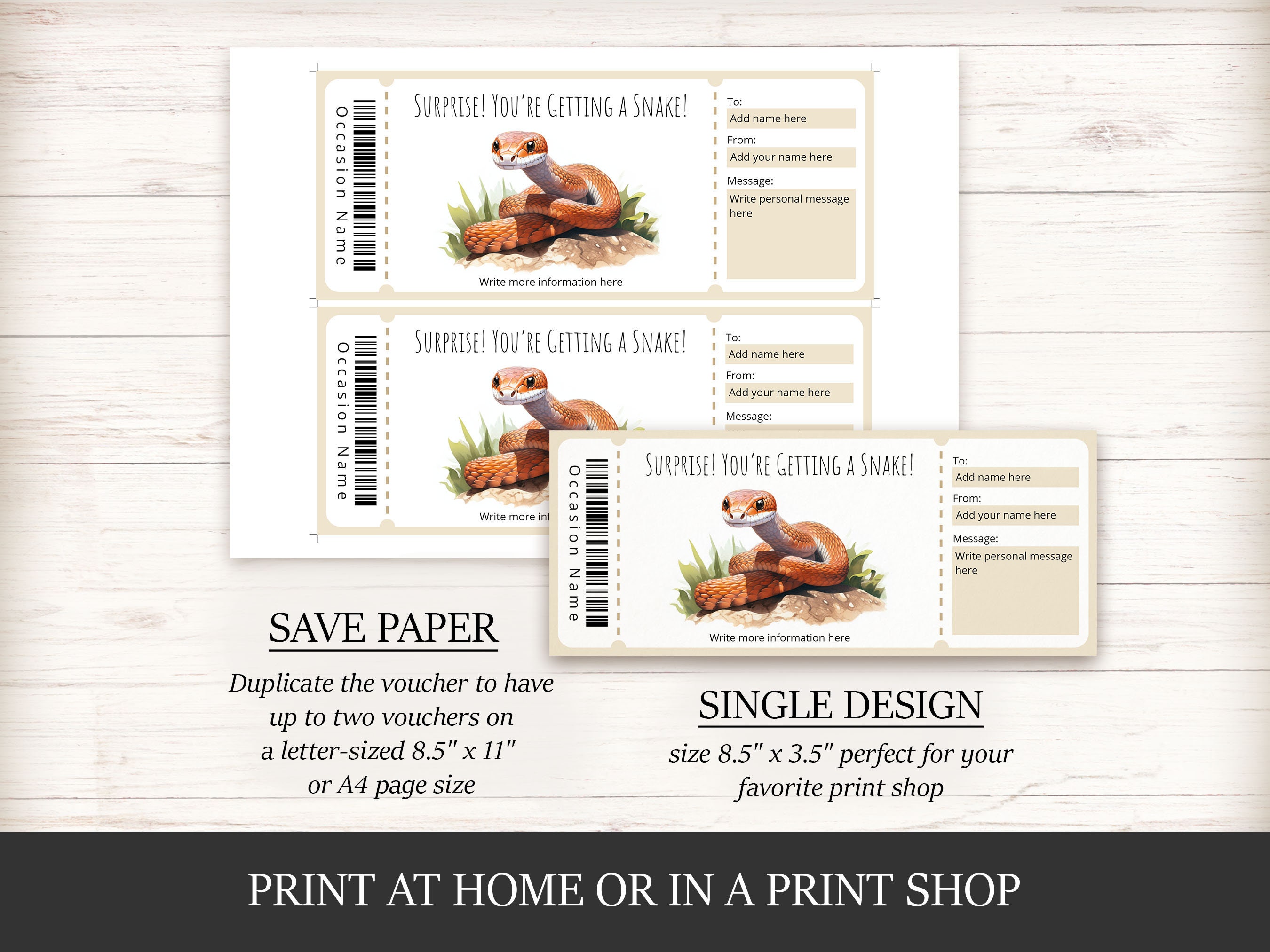 Editable Snake Gift Certificate Template for Snake Lover, Personalized ...