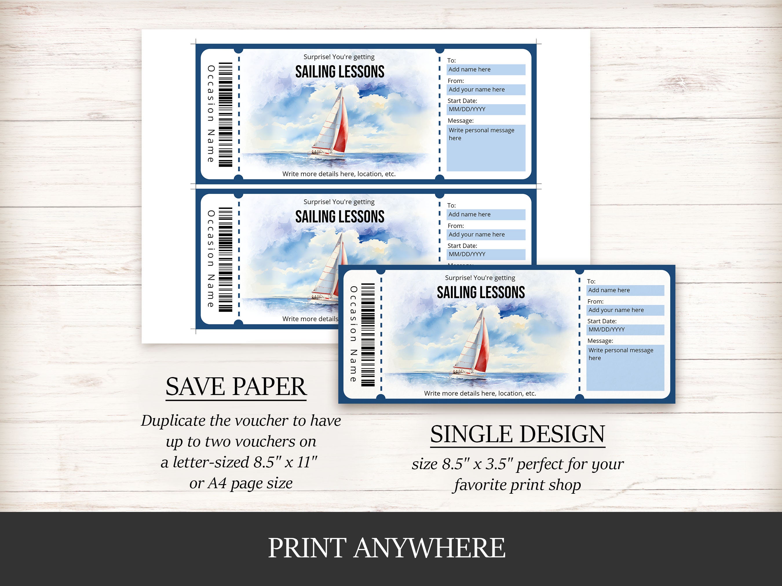 Editable Watercolor Sailing Lessons Gift Certificate Template, Sailing ...