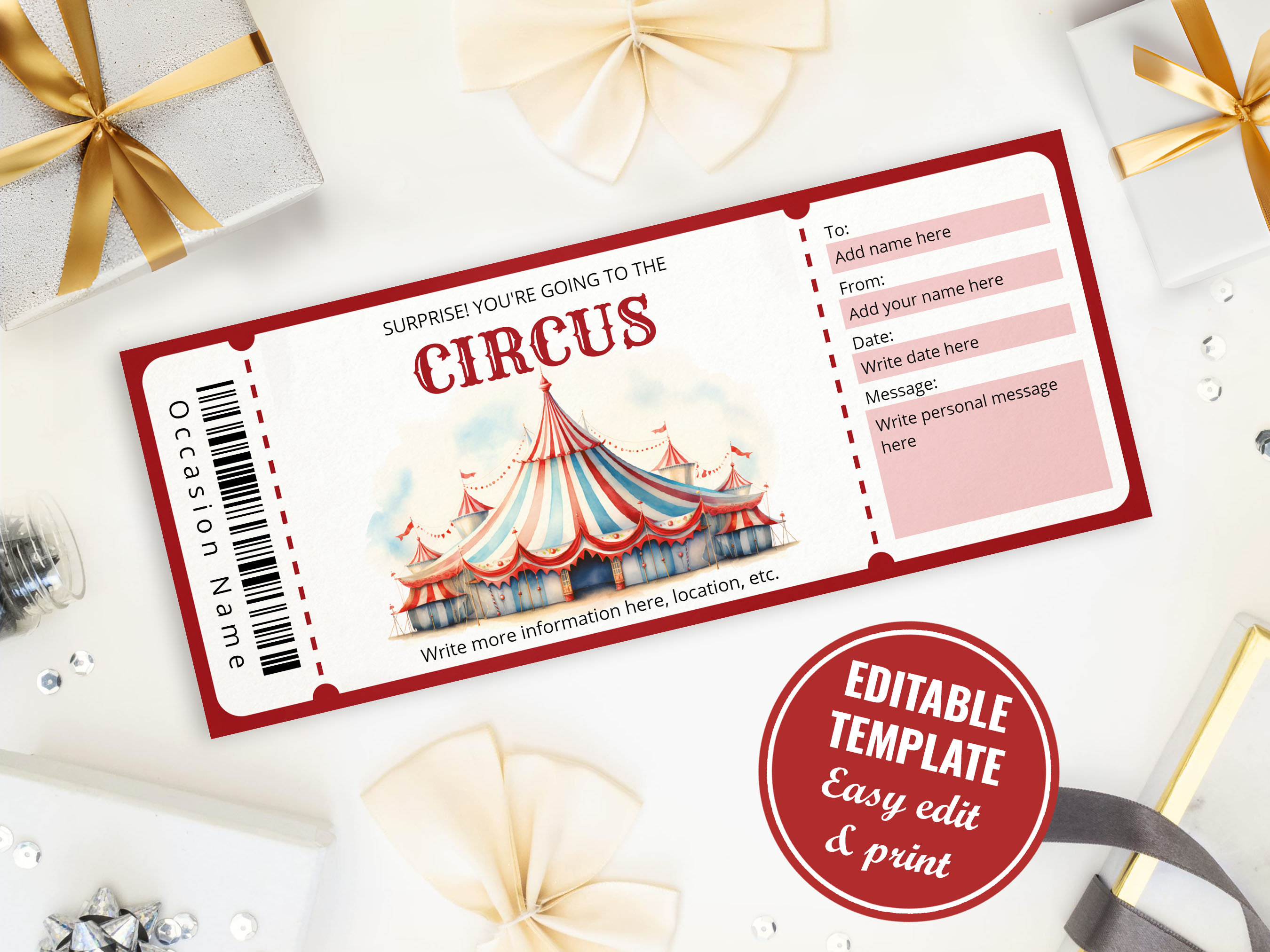Surprise Circus Gift Certificate Template, Customizable and Printable ...