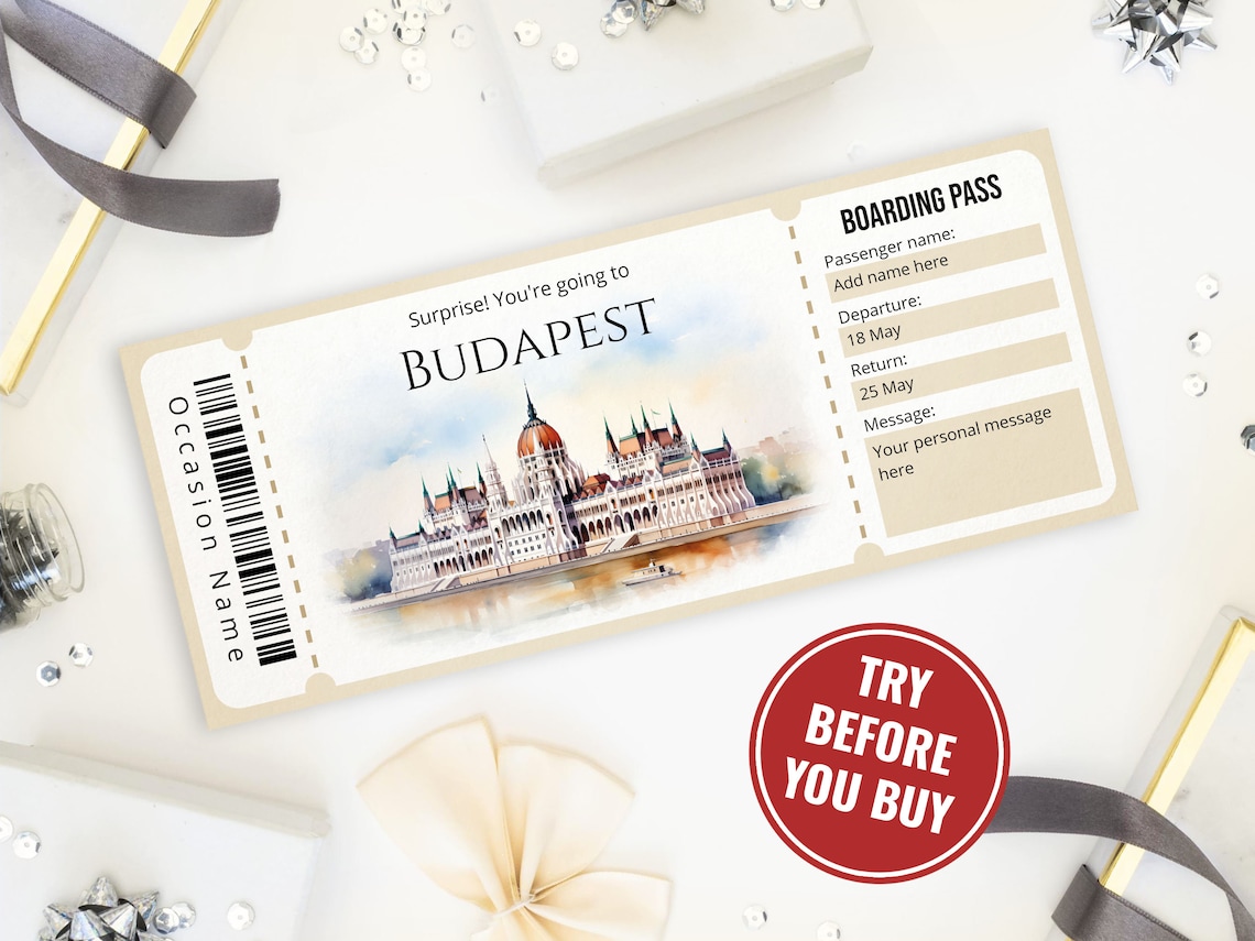 Editable Budapest Boarding Pass Template, Watercolor Surprise Hungary Trip Reveal Ticket ...