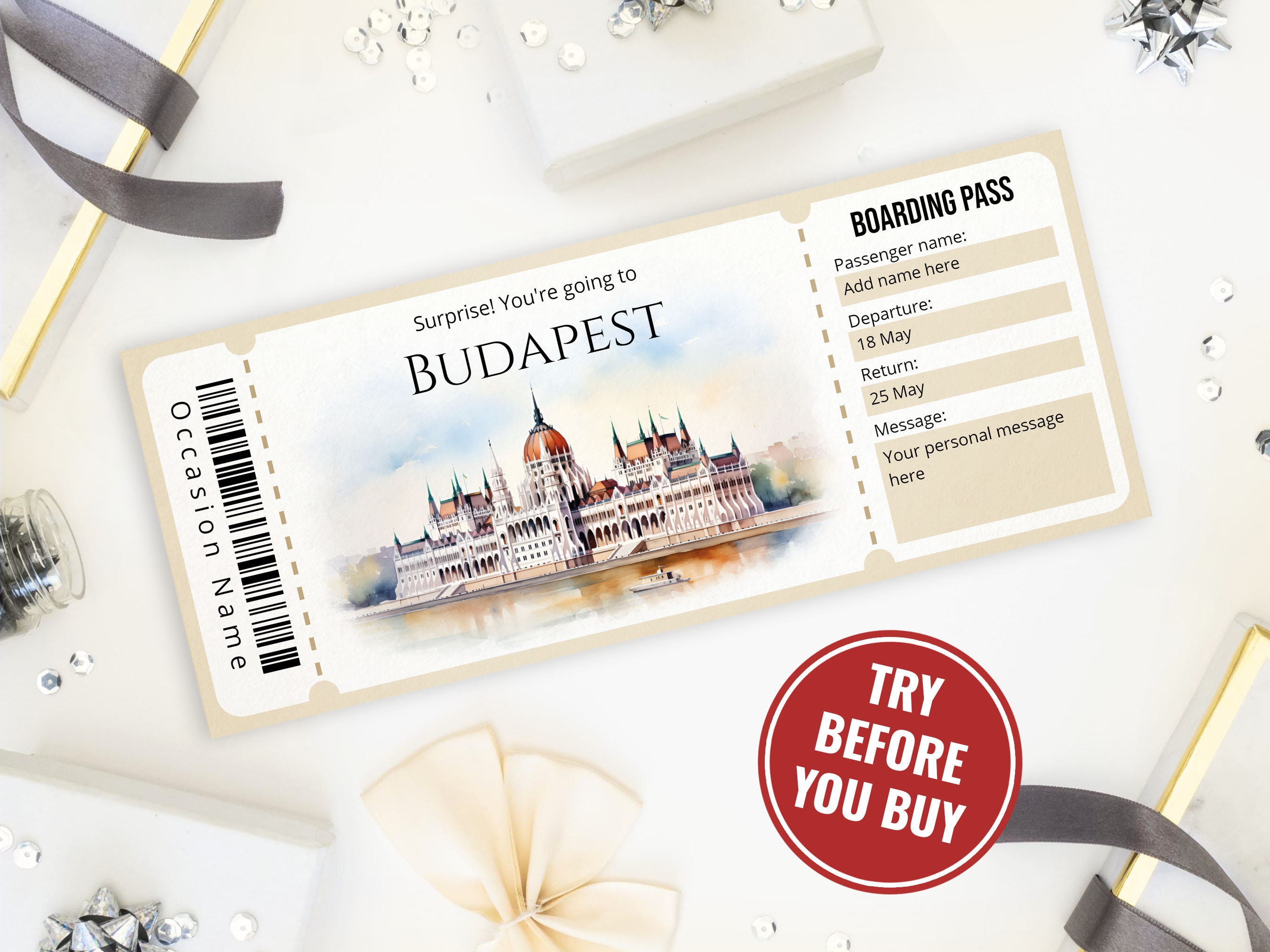Editable Budapest Boarding Pass Template, Watercolor Surprise Hungary Trip Reveal Ticket ...