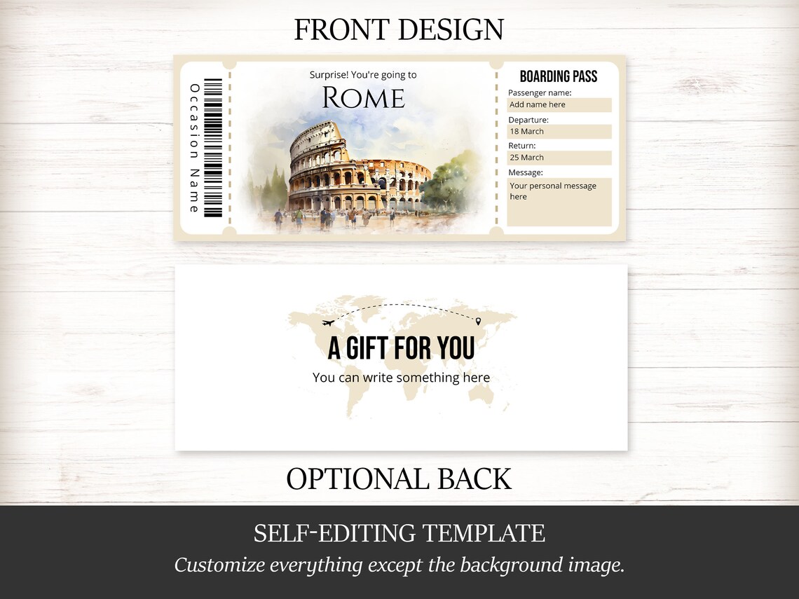 Editable Rome Boarding Pass Template, Surprise Rome Trip Reveal Ticket ...