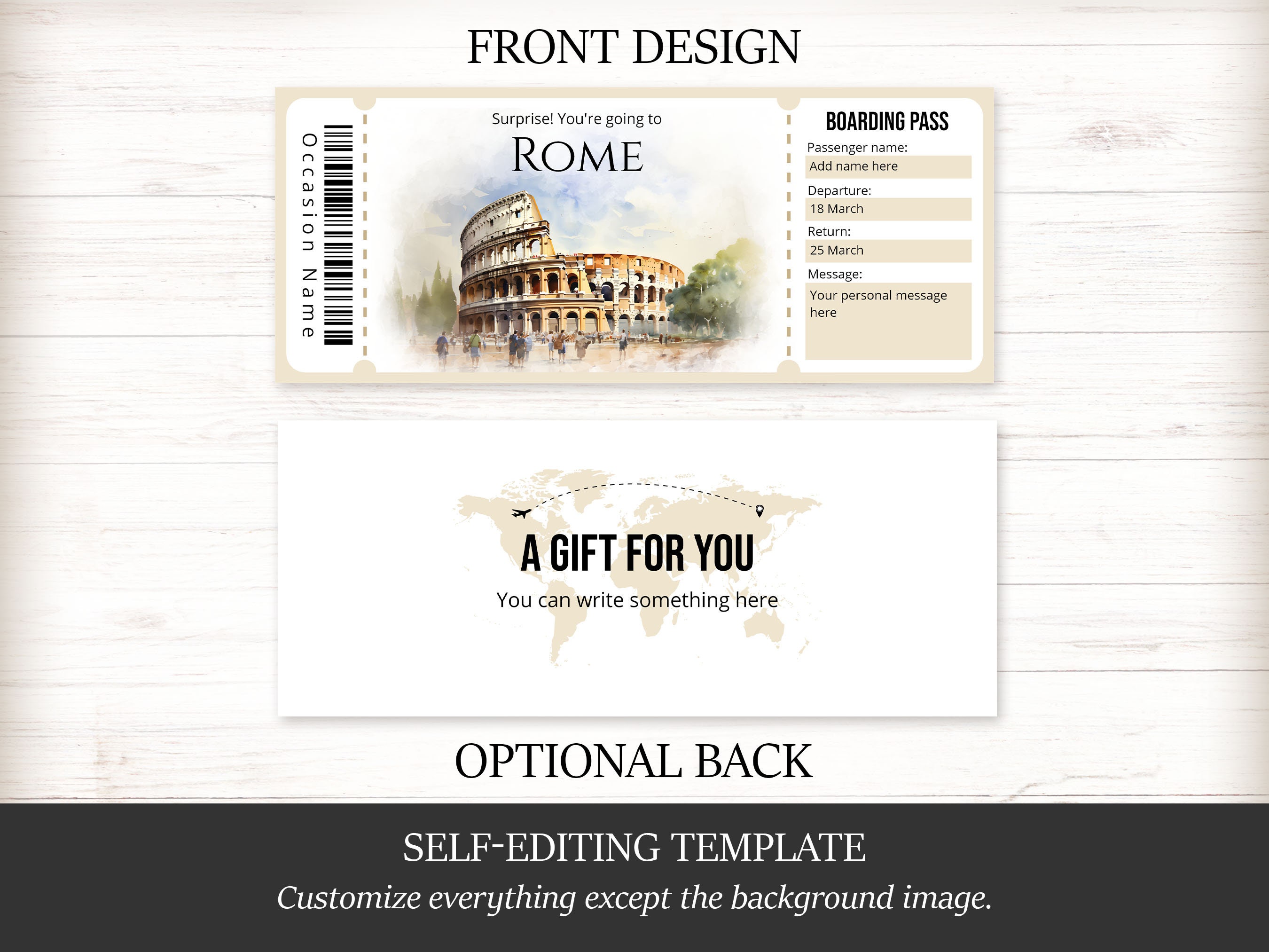 Editable Rome Boarding Pass Template, Surprise Rome Trip Reveal Ticket ...