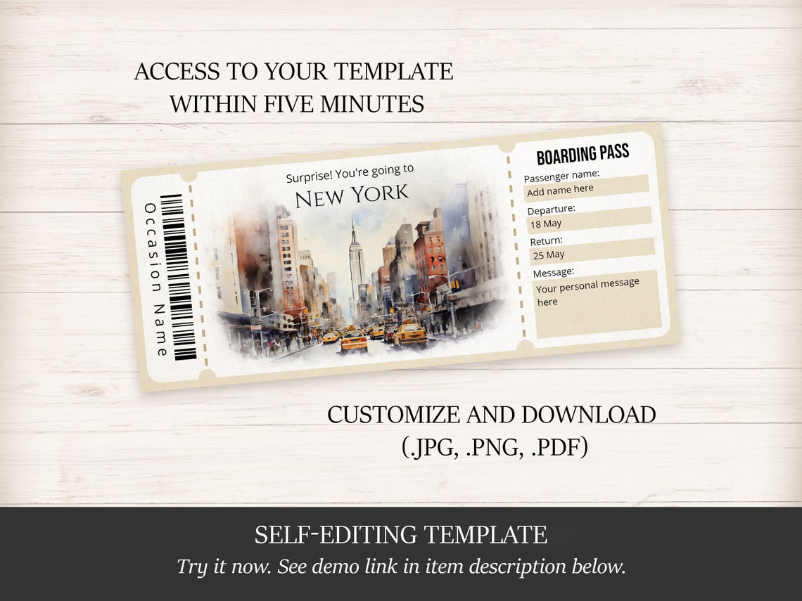 Editable New York Boarding Pass Template Surprise Printable - Etsy