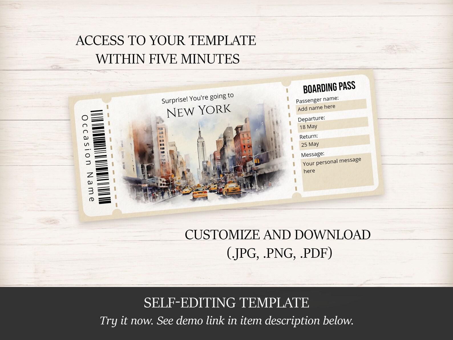 Editable New York Boarding Pass Template Surprise Printable - Etsy