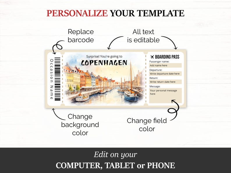 Editable Copenhagen Boarding Pass, Surprise Copenhagen Trip Reveal Gift ...