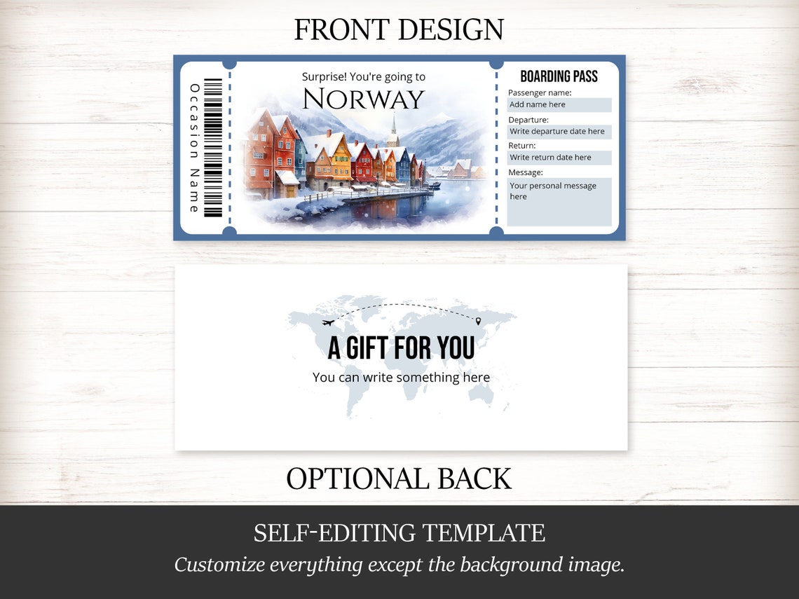 Editable Norway Boarding Pass Template, Personalized Printable Surprise ...