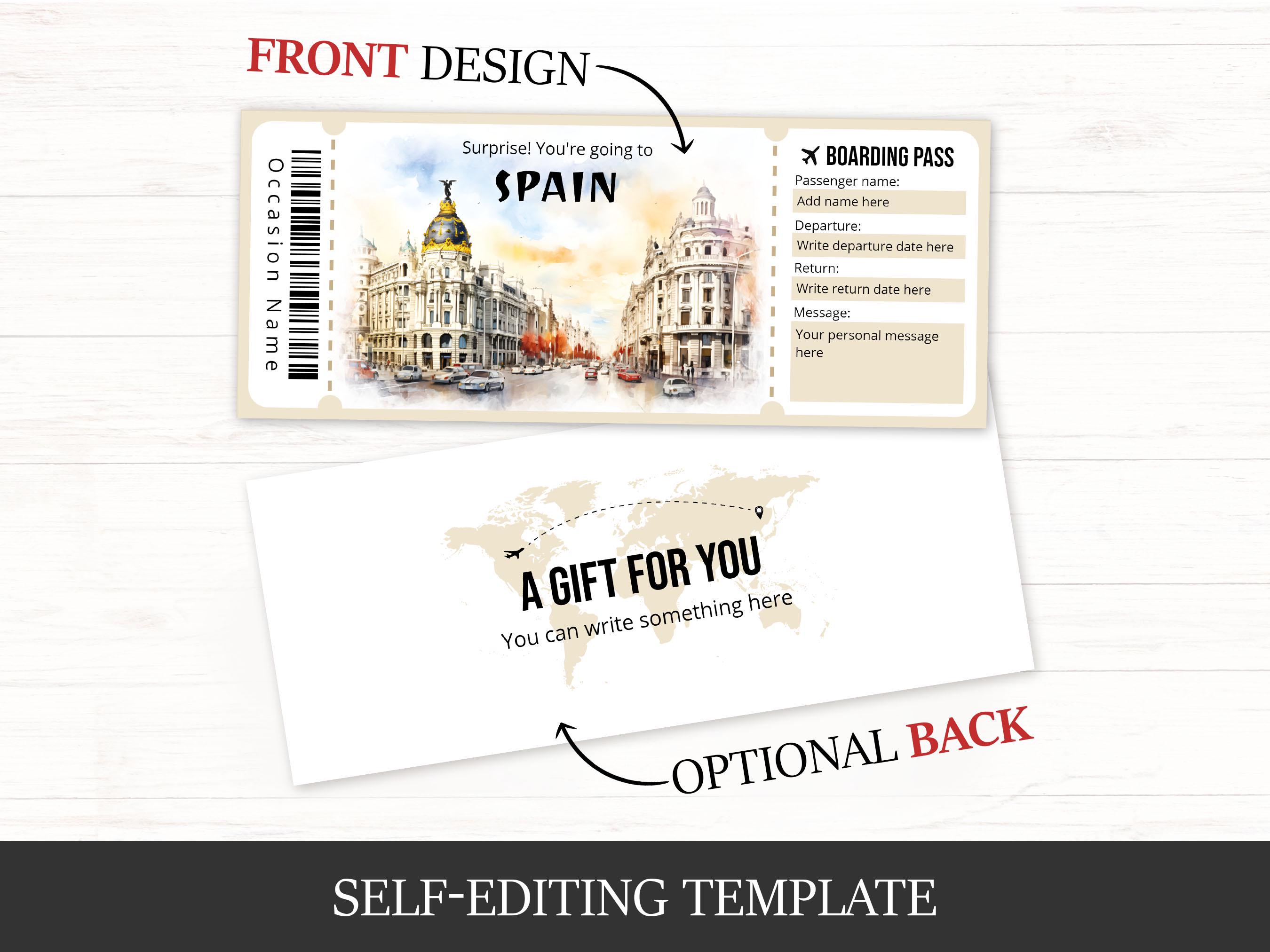 Surprise SPAIN Trip Reveal Gift Ticket Template - Spain Boarding Pass ...