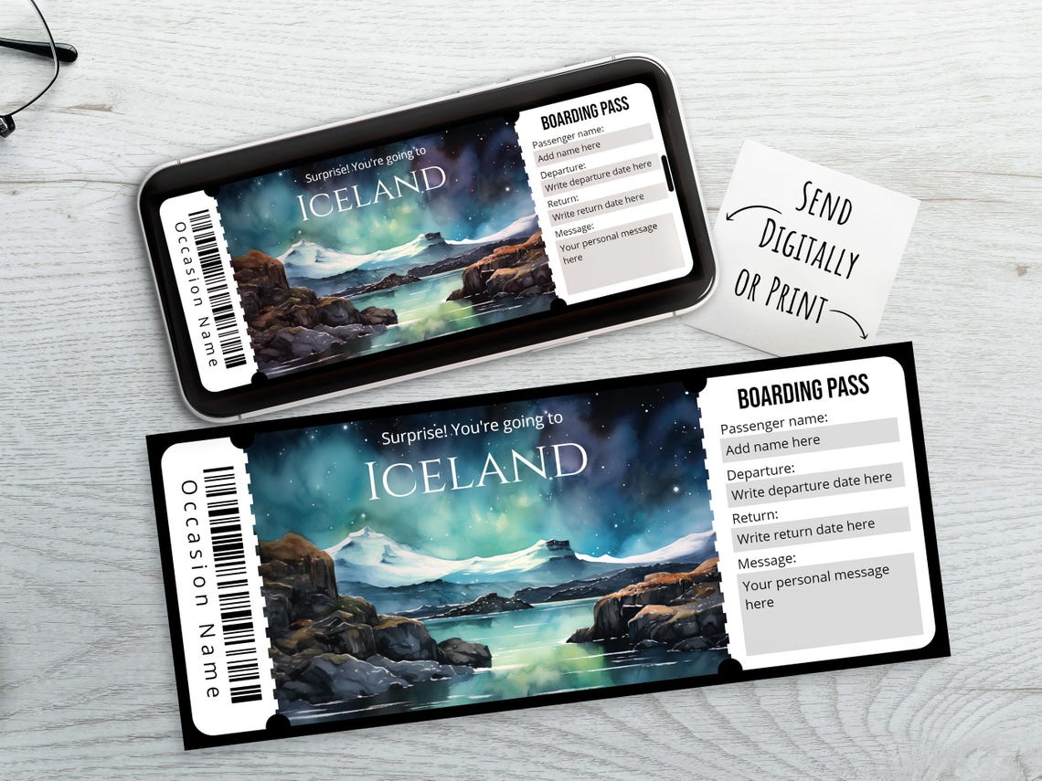 Editable Iceland Boarding Pass Template, Surprise Printable Watercolor ...