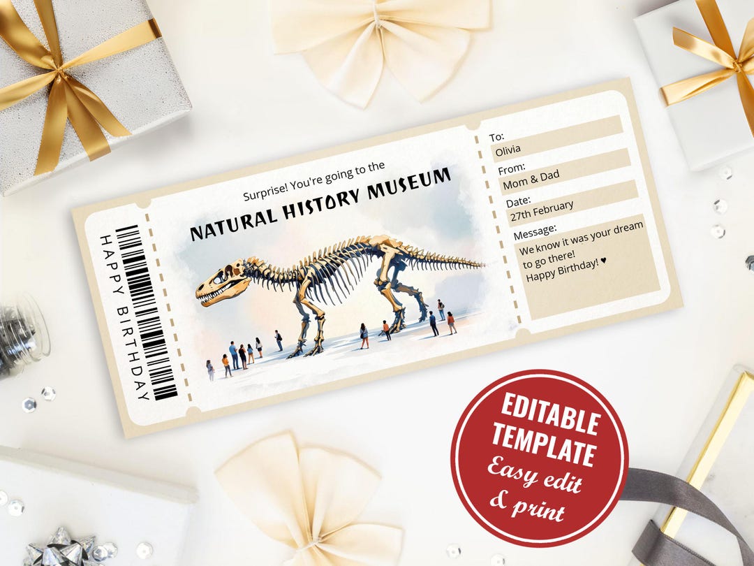 Editable Natural History Museum Ticket Template, Printable Dinosaur ...