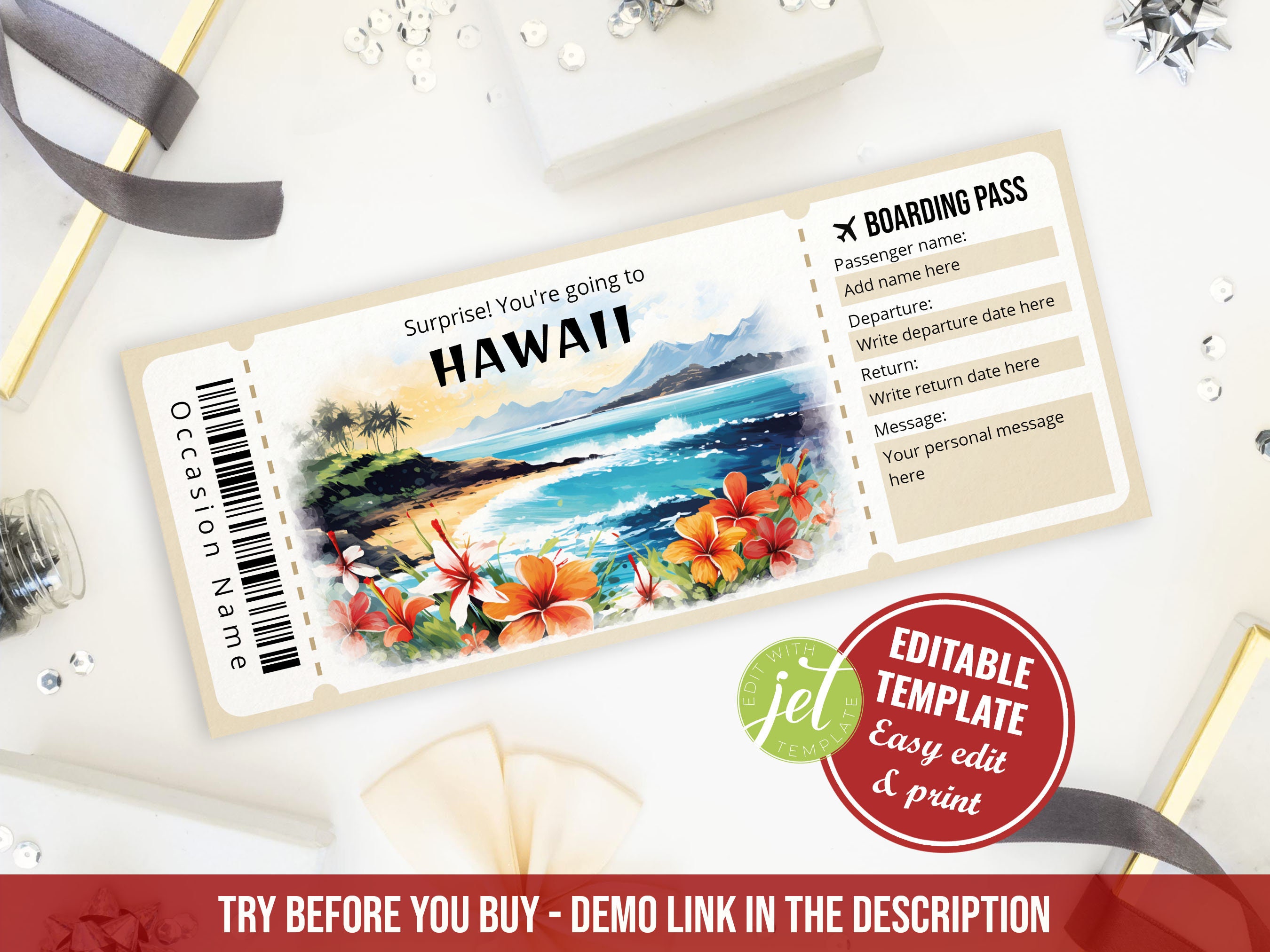 Editable Hawaii Boarding Pass Template, Personalized Gift Printable ...