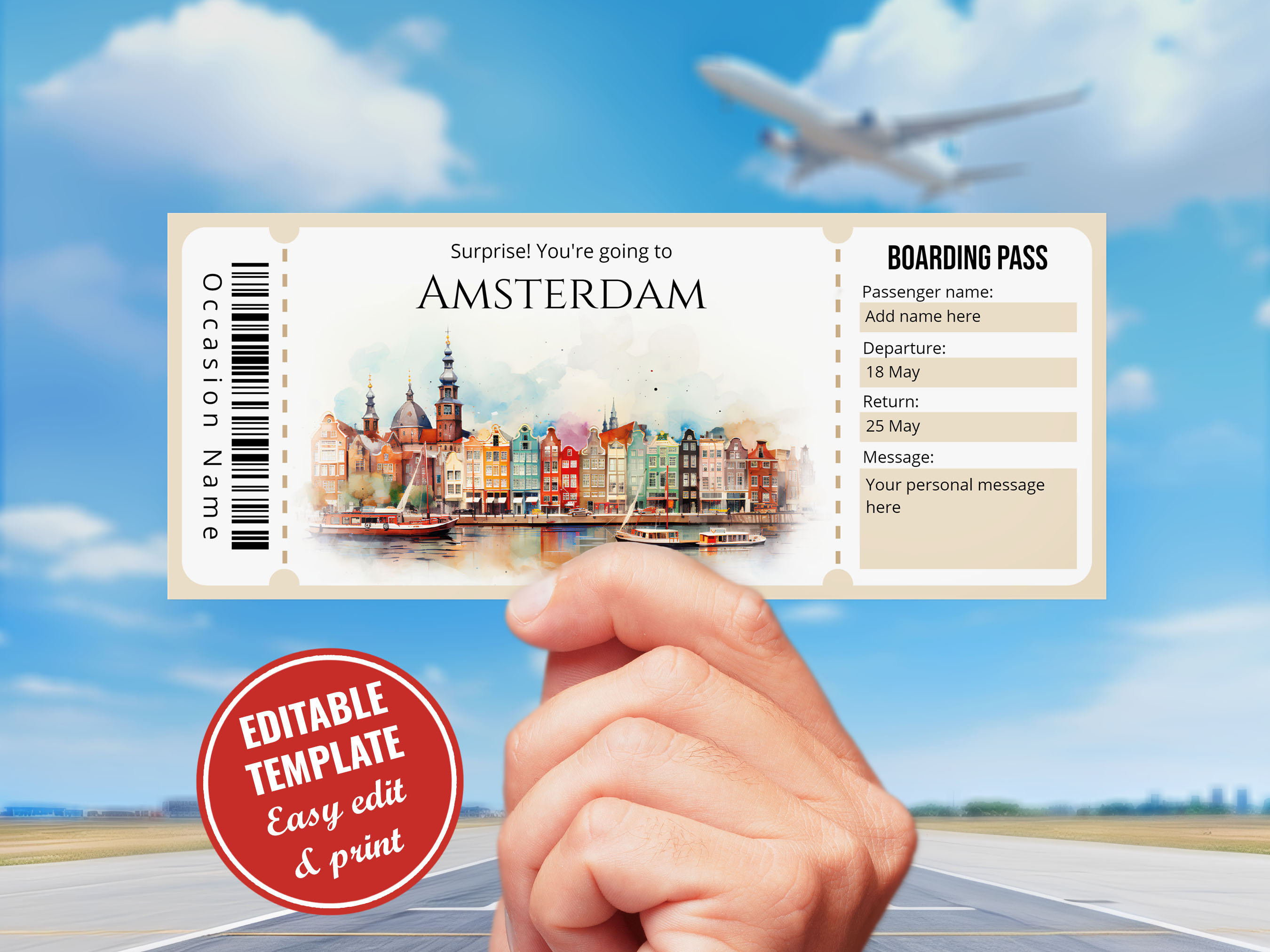 Editable Amsterdam Boarding Pass Template, Watercolor Surprise ...