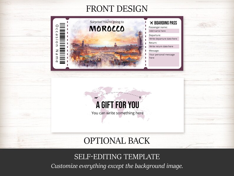 Editable Morocco Boarding Pass Template, Personalized Gift Printable ...