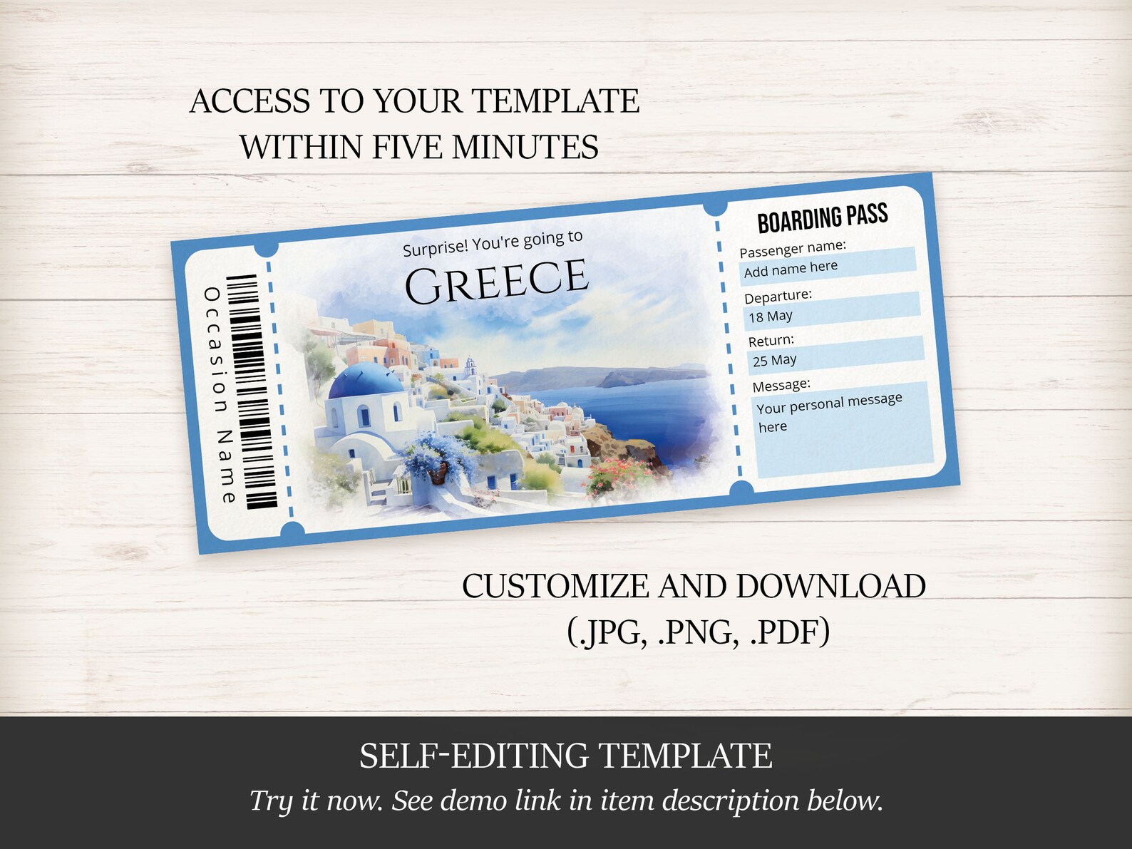 Editable Greece Boarding Pass Template, Watercolor Surprise Greece Trip ...