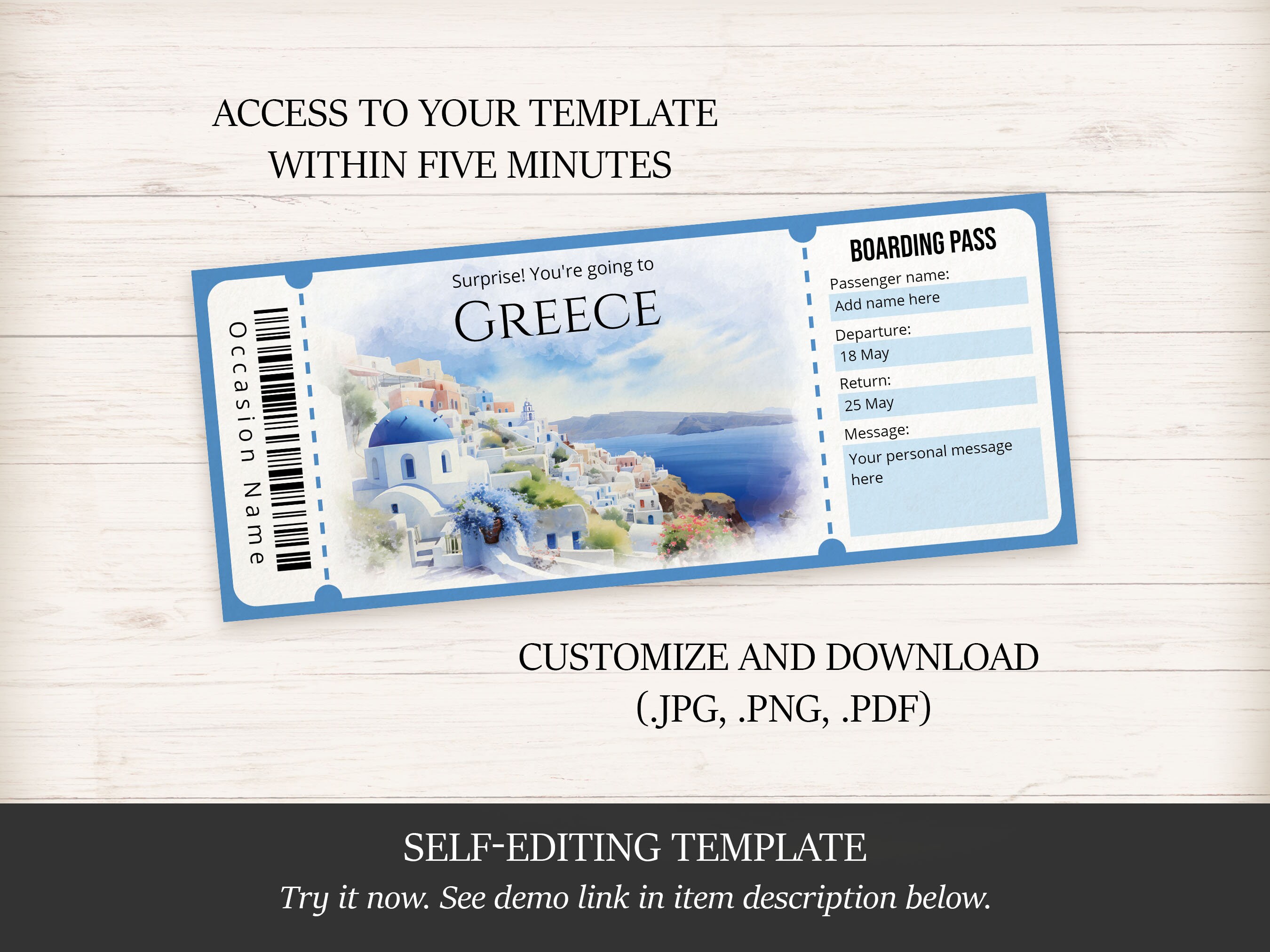 Editable Greece Boarding Pass Template, Watercolor Surprise Greece Trip ...