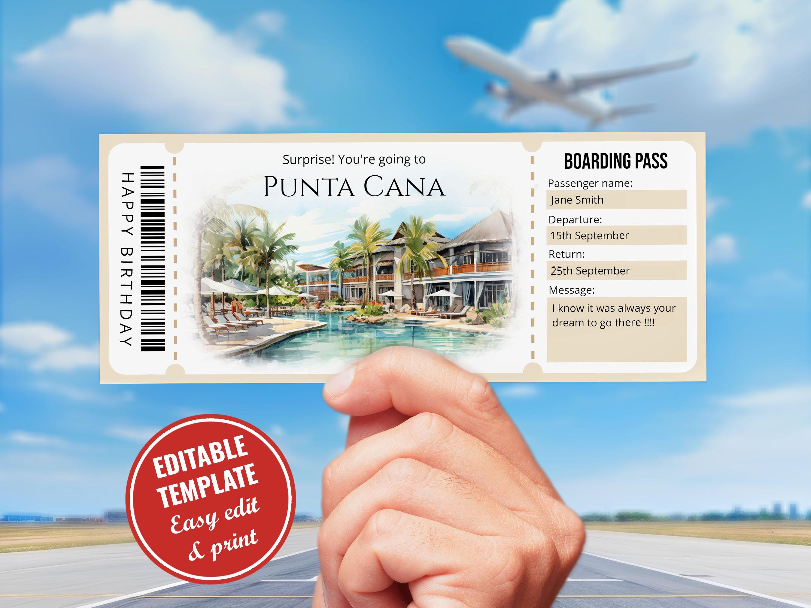 Editable Punta Cana Boarding Pass Template, Surprise Printable Watercolor Punta Cana Ticket ...