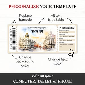 Surprise SPAIN Trip Reveal Gift Ticket Template - Spain Boarding Pass ...