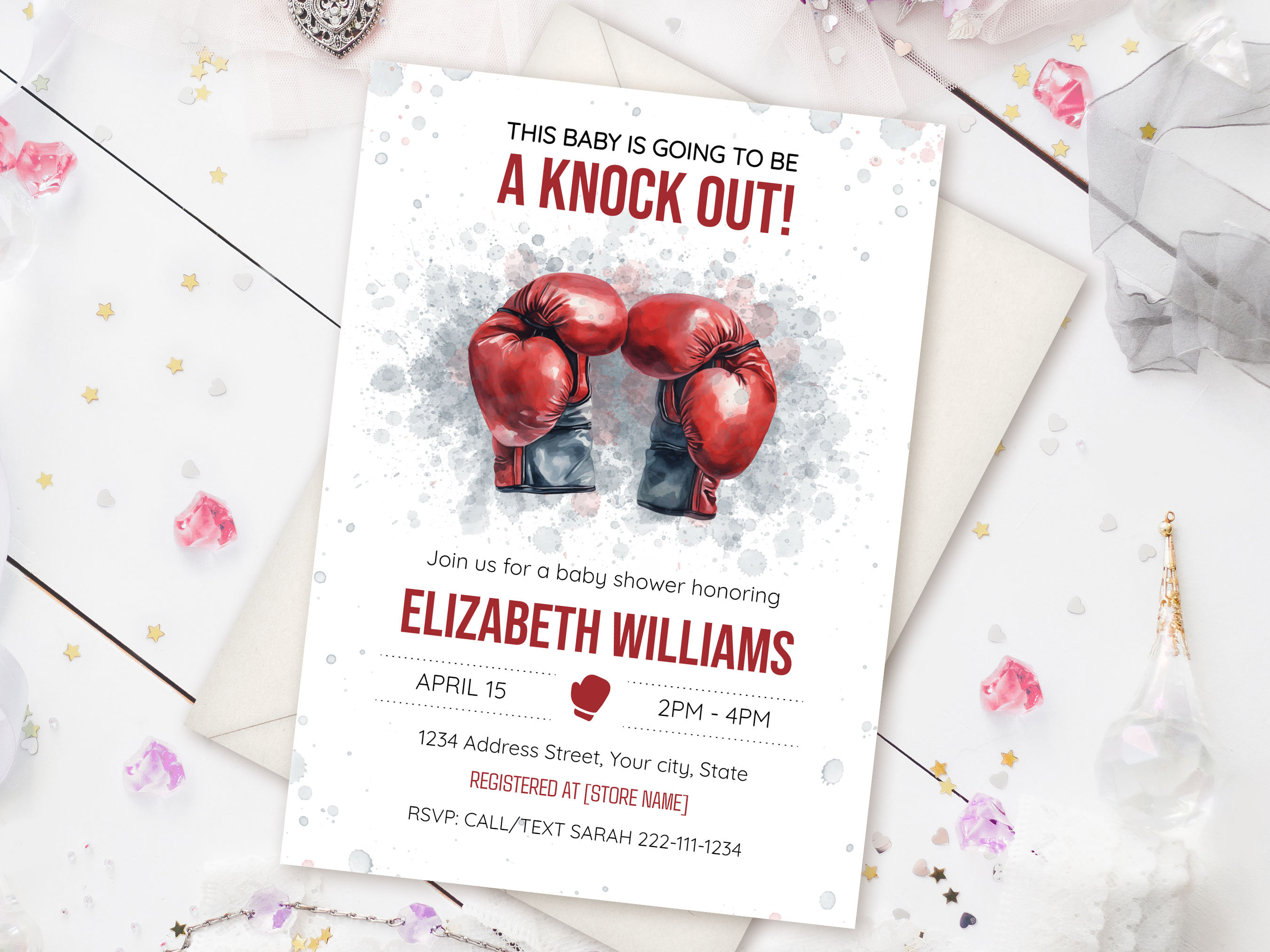 Editable Boxing Baby Shower Invitation Template, Elegant Watercolor ...