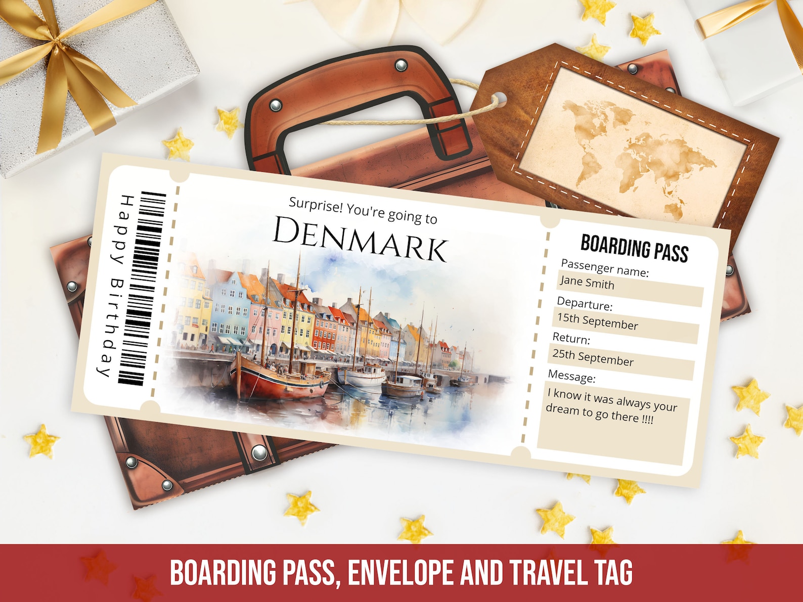 Editable Denmark Boarding Pass Template, Personalized Gift Printable ...