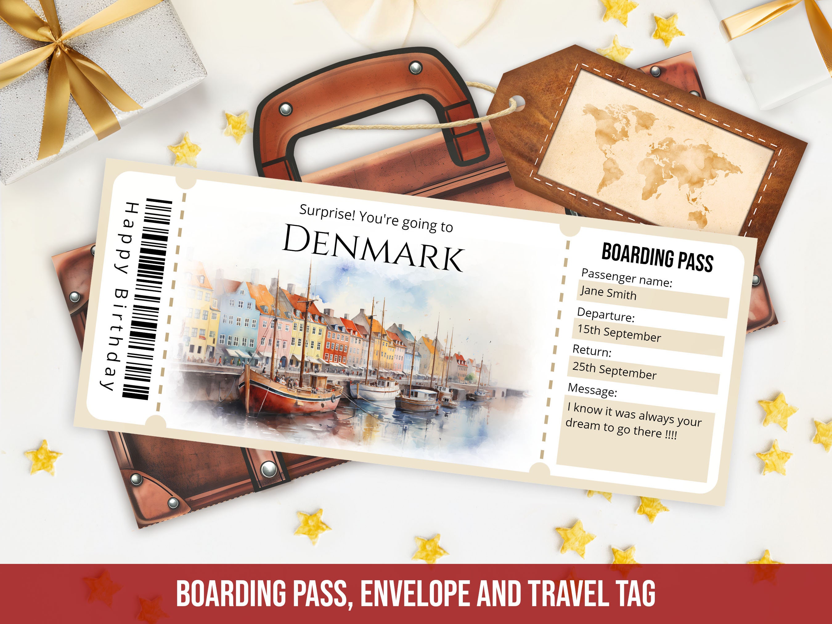 Editable Denmark Boarding Pass Template, Personalized Gift Printable ...
