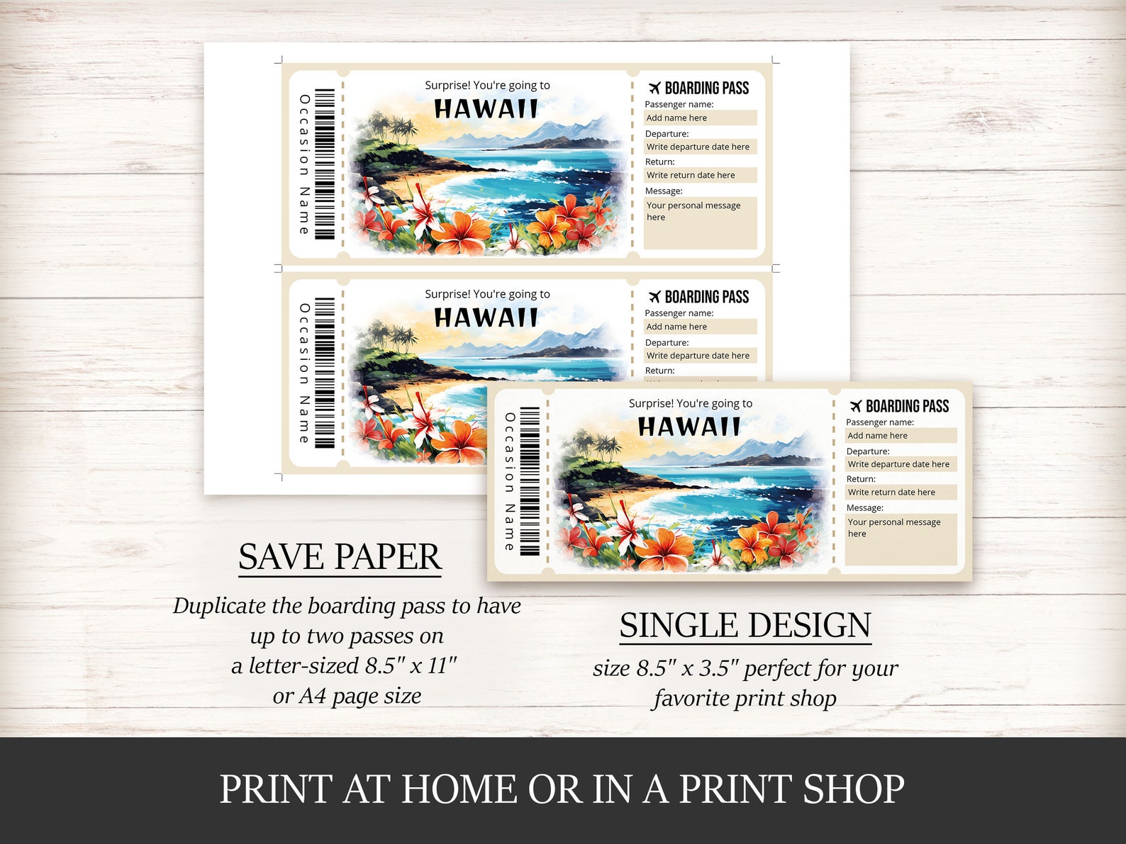 Editable Hawaii Boarding Pass Template, Personalized Gift Printable ...