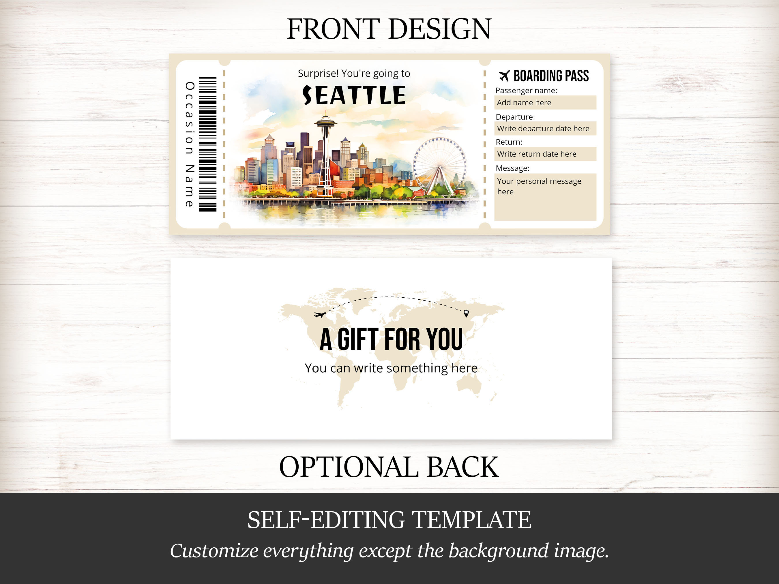 Editable Seattle Boarding Pass Template, Printable SEATTLE Surprise ...