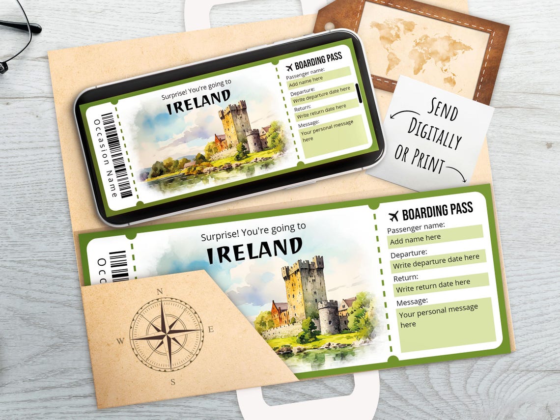 Surprise IRELAND Trip Reveal Gift Ticket Template - Custom Boarding ...