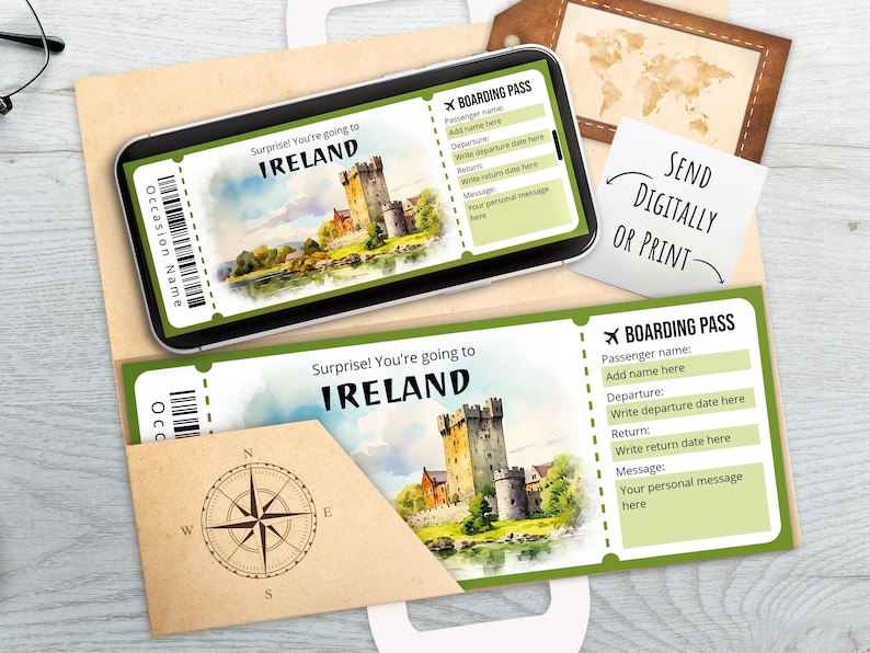 Surprise IRELAND Trip Reveal Gift Ticket Template - Custom Boarding ...