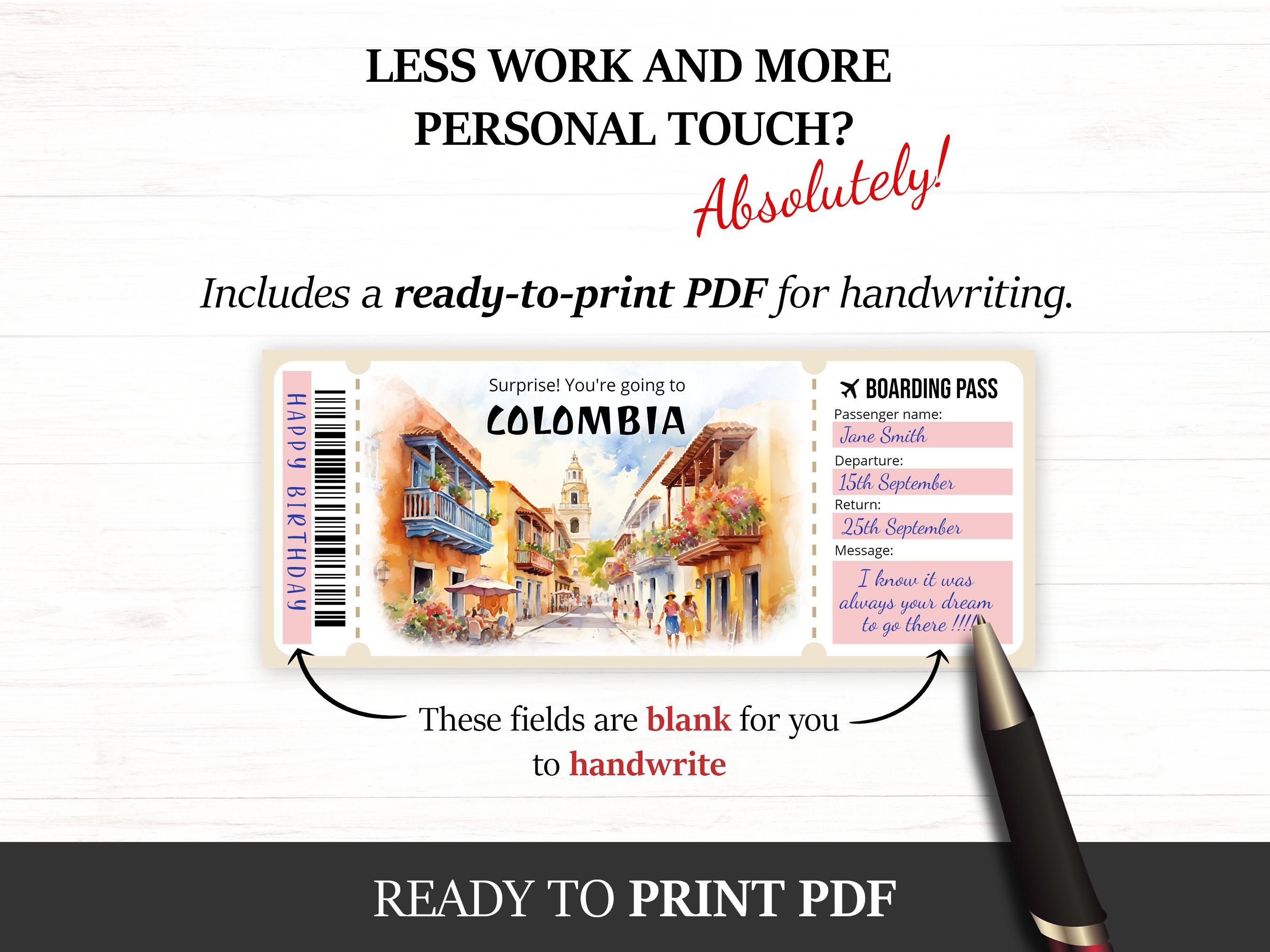 Editable Colombia Boarding Pass Template, Surprise Watercolor Colombia ...