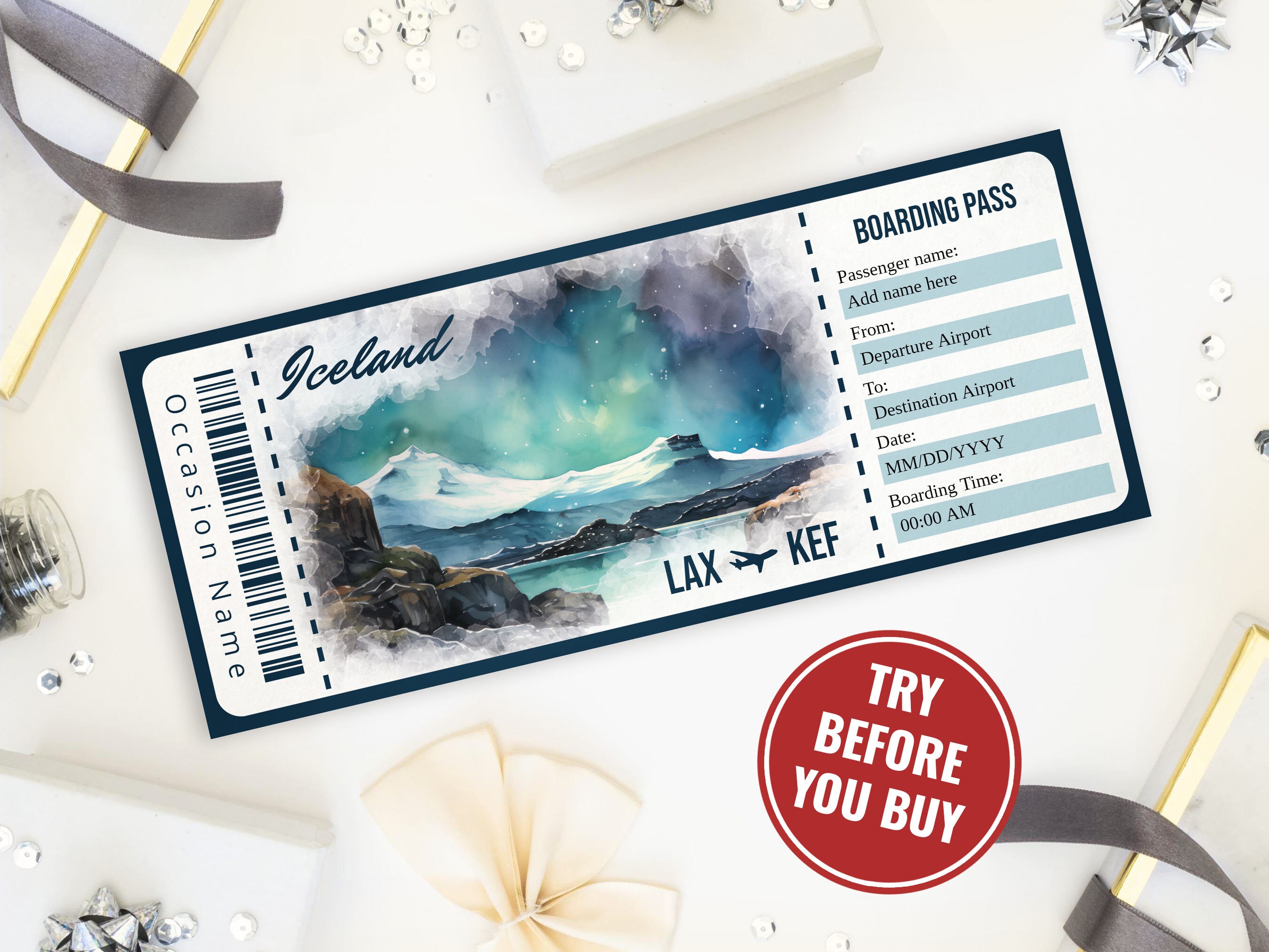 Iceland Trip Editable Watercolor Boarding Pass Template, Reykjavík ...