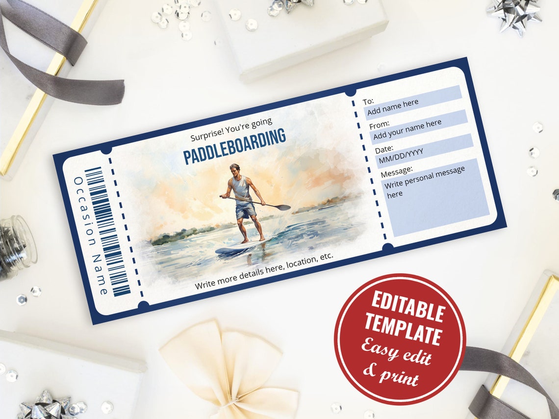 Paddleboarding Ticket Voucher Template for Him, Editable Watercolor ...
