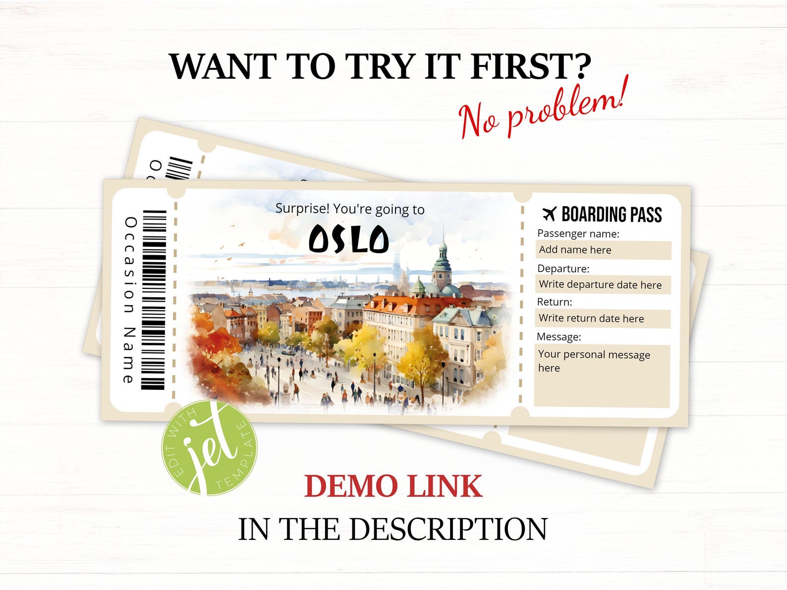 Editable Oslo Boarding Pass Template, Surprise Watercolor Oslo Norway ...