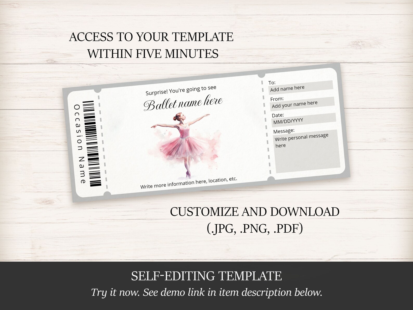 Editable Digital Ballet Ticket Gift Template for Ballet Lovers ...