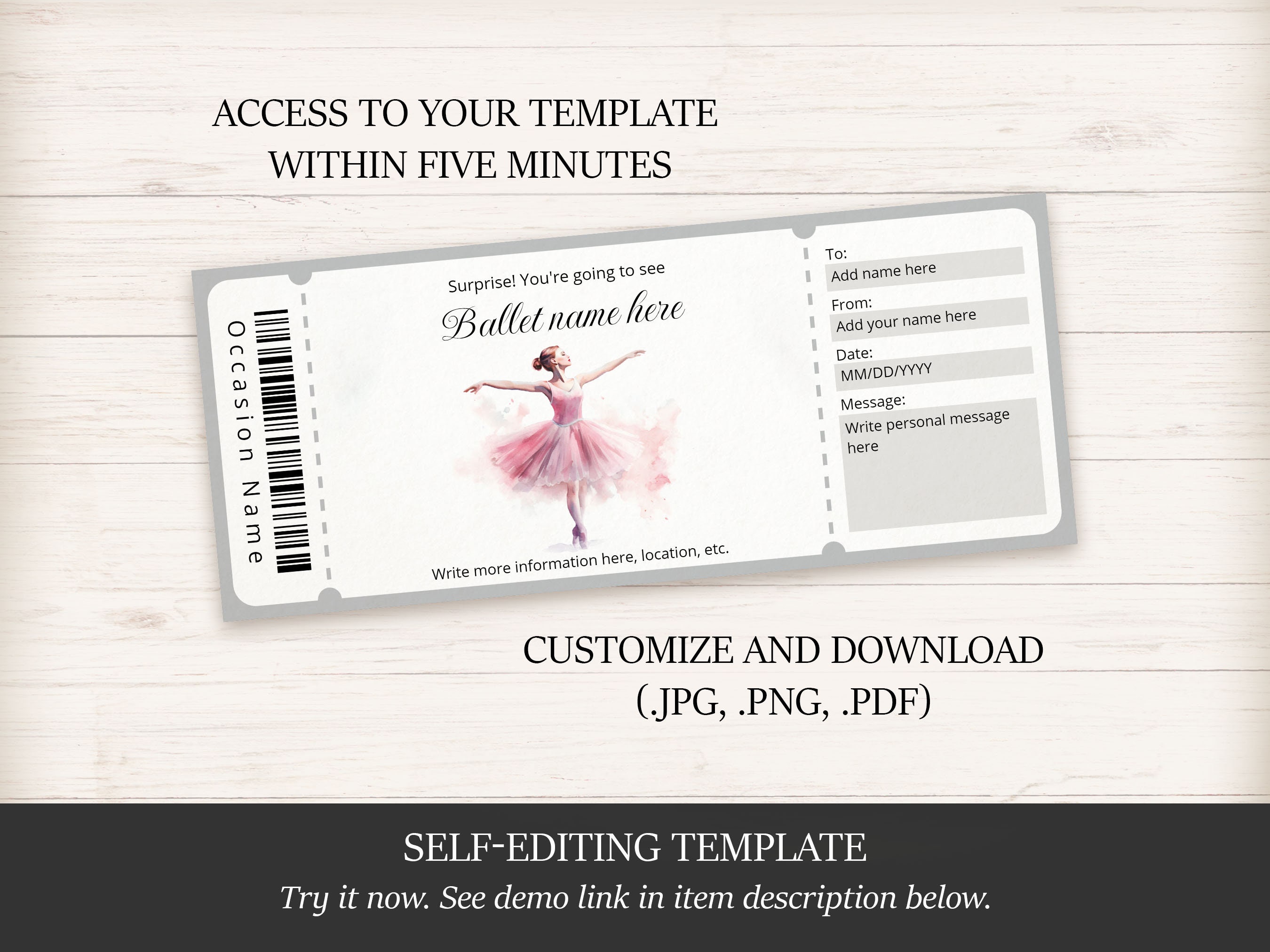 Editable Digital Ballet Ticket Gift Template for Ballet Lovers ...
