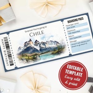 Editable Chile Boarding Pass Template, Watercolor Surprise Chile Trip ...