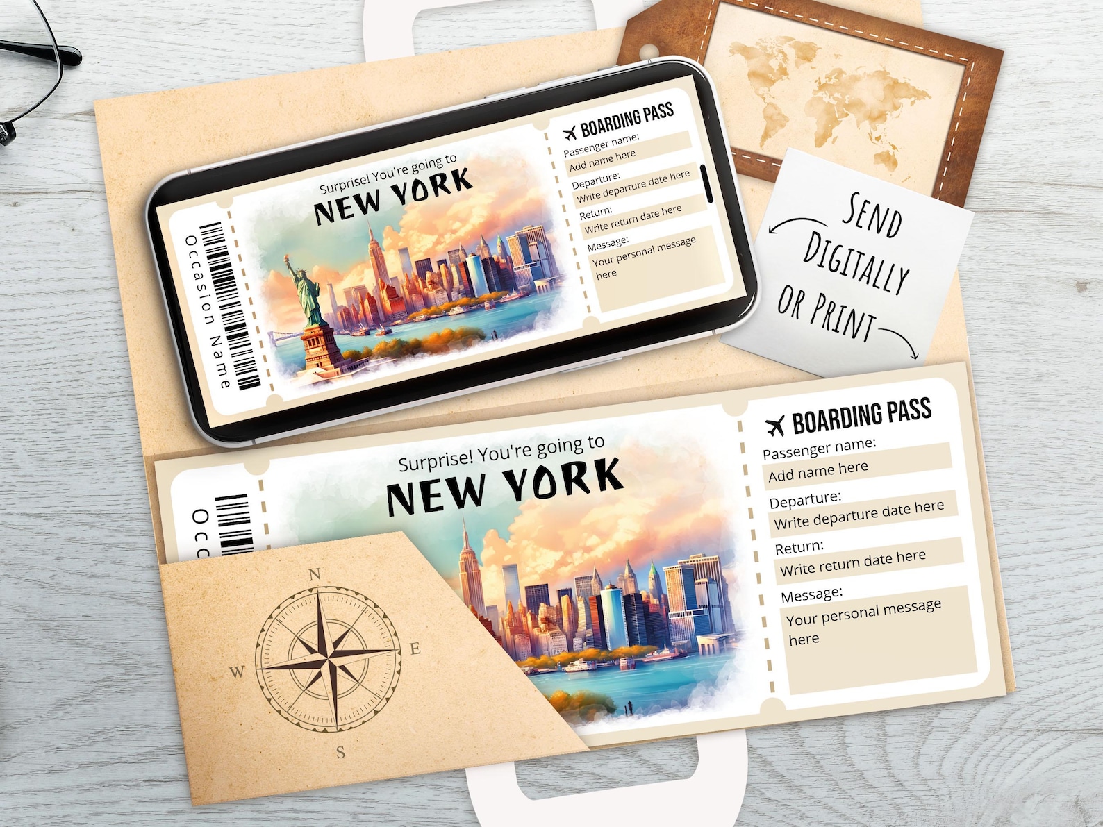 New York Boarding Pass Template, Editable and Printable Surprise New ...
