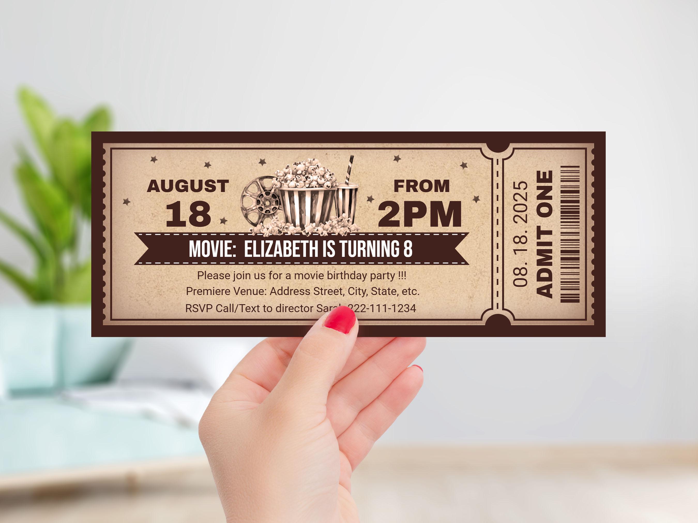 Editable Retro Movie Ticket Birthday Invitation Template, Digital Movie ...